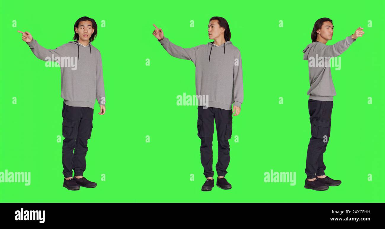 Model showing left or right directions in studio, pointing to both ...