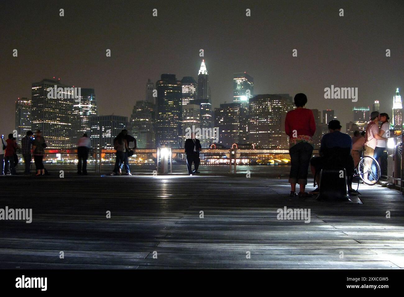 Fulton Landing at nightfall with the Manhattan Skyline as backdrop ...