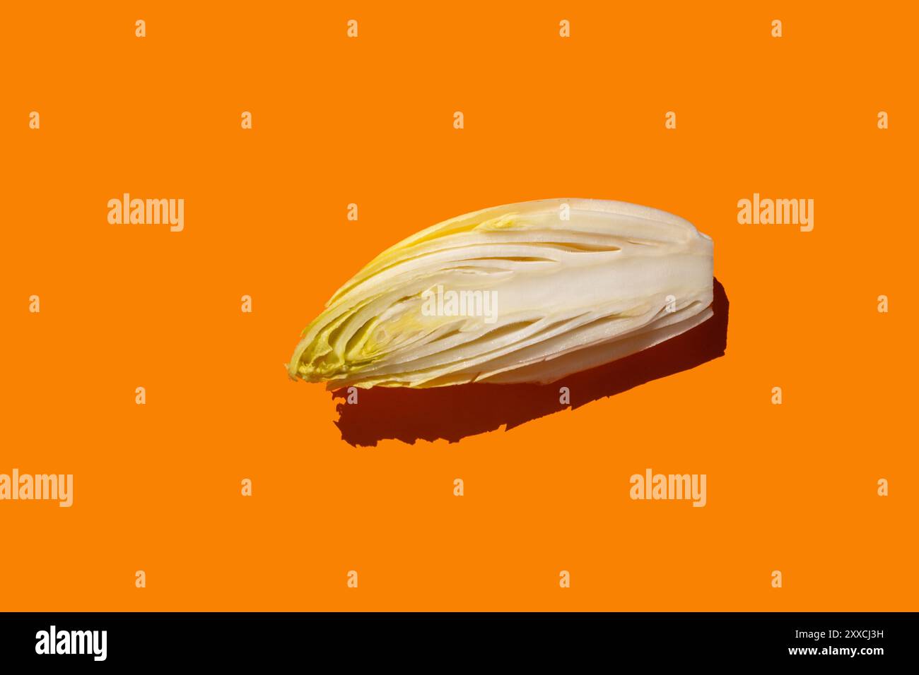 Top view of endive and chicory salad roots on a orange background, only ...