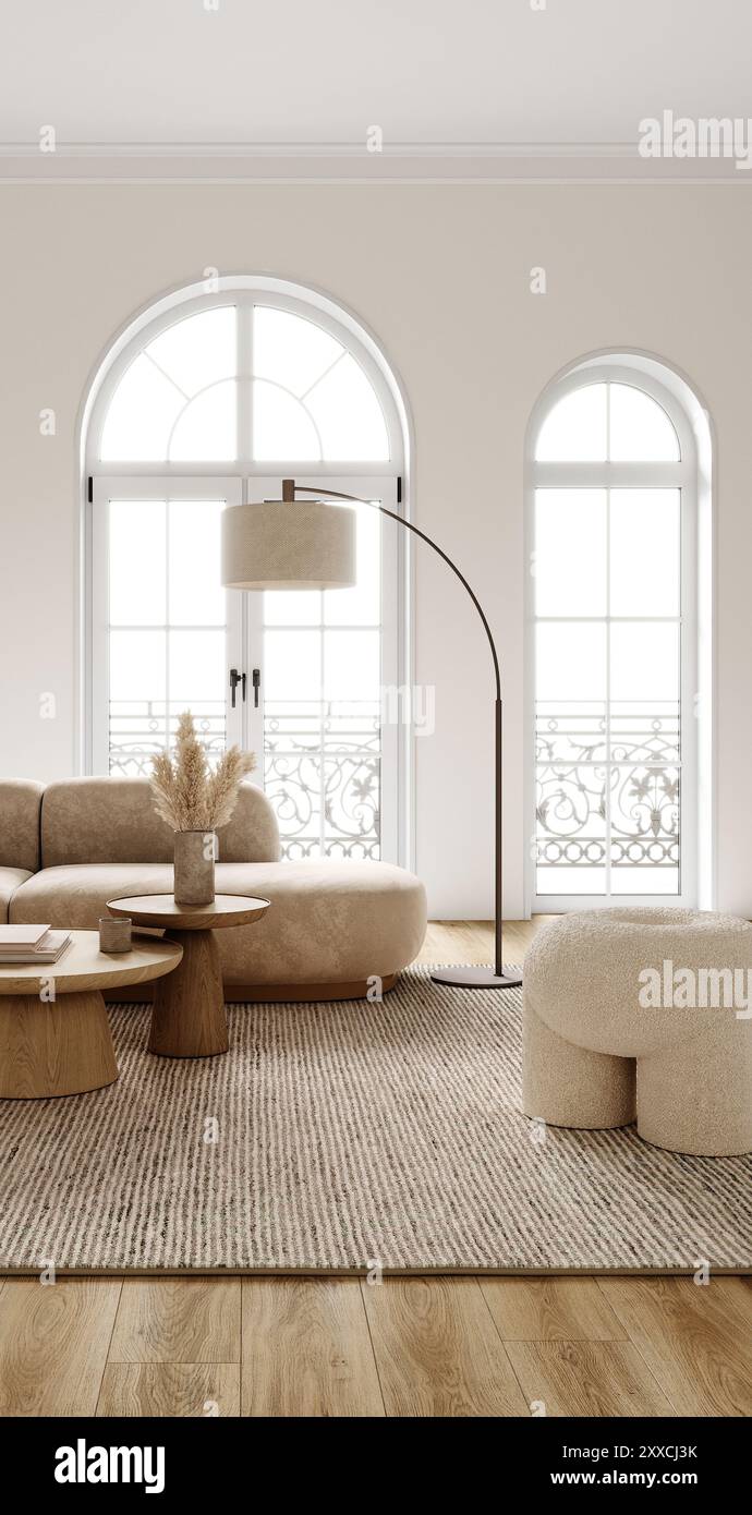 Spacious and airy boho chic living room with curved sofa and natural ...