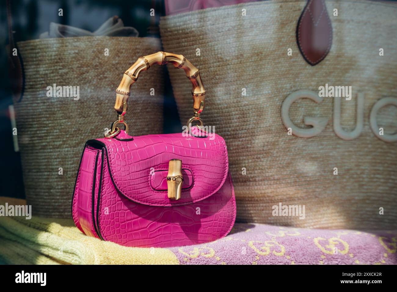 Cannes, France - August 1, 2024: Gucci bag in a boutique window in ...