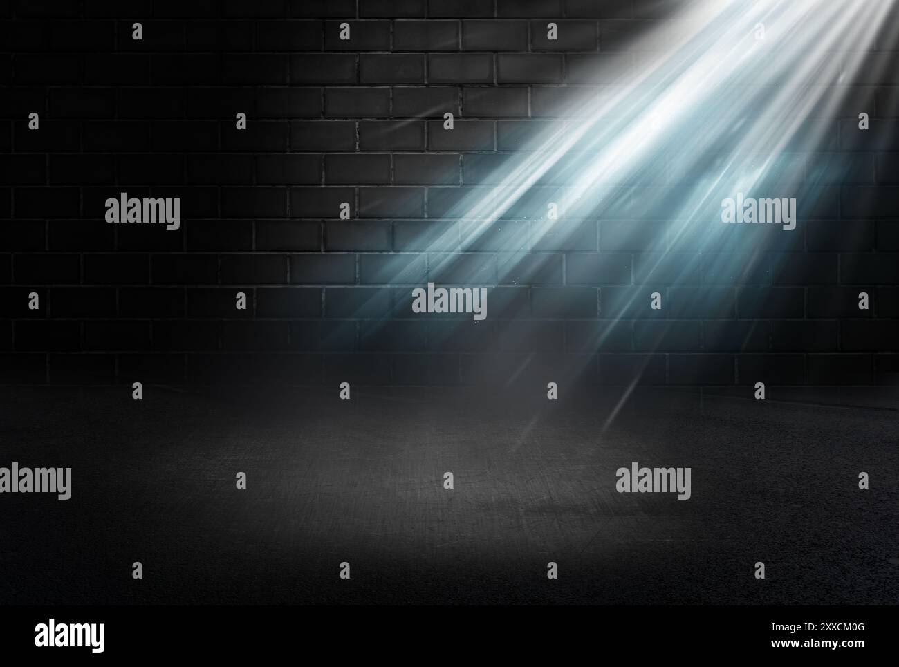 Spotlights, wall and floor and studio room with smoke floating on the ...