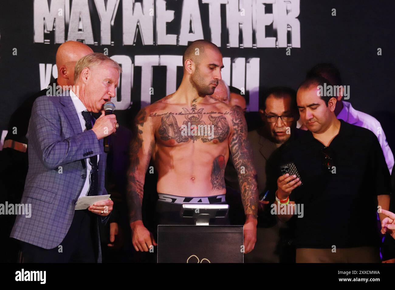 Mexico City, Mexico. 23rd Aug, 2024. John Gotti III poses on the scales ...