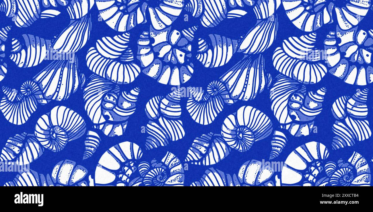 Azure blue white shell motif with linen seamless batik border ...