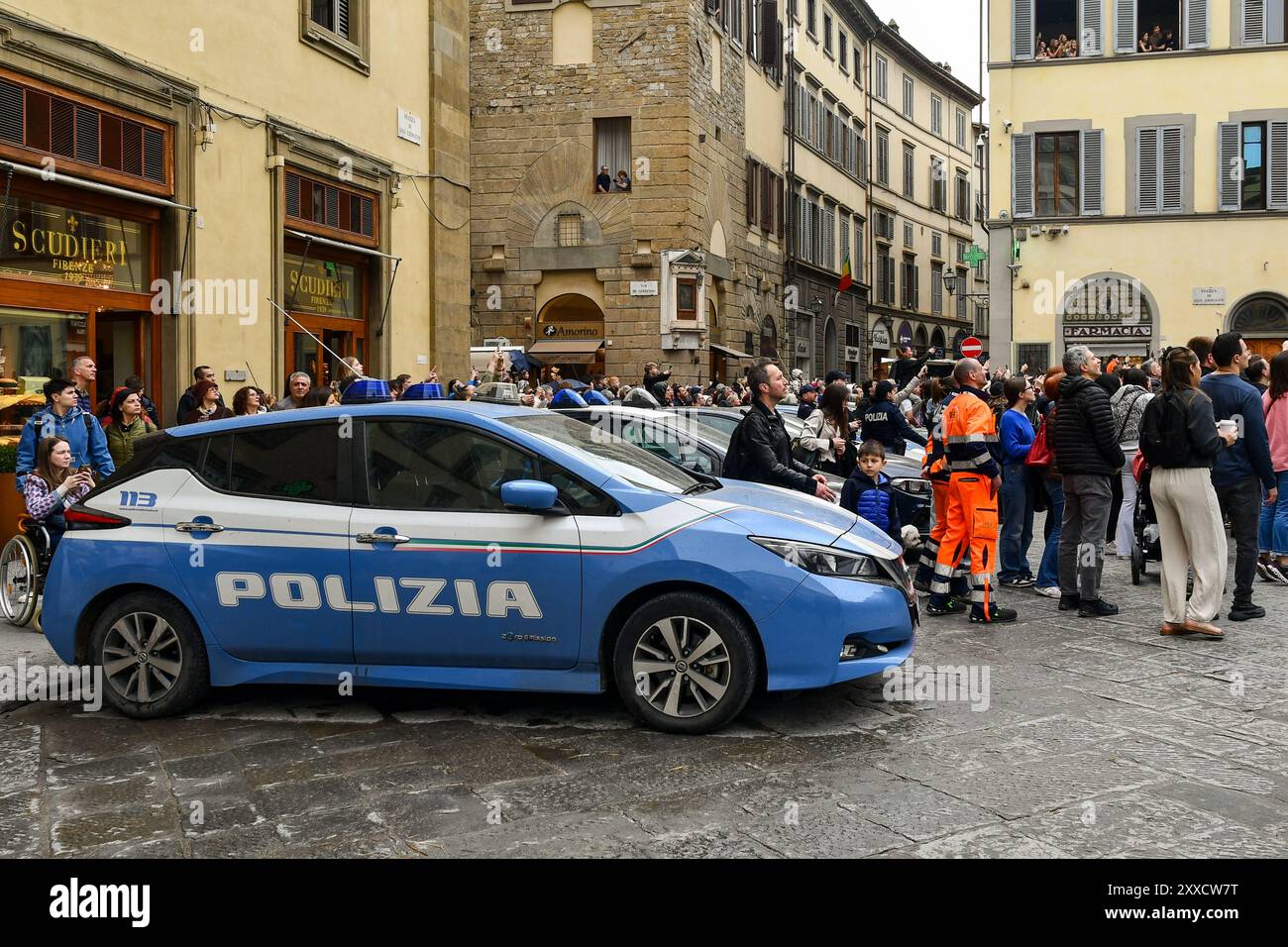 Police cars and crowd of people in Piazza San Giovanni during the ...