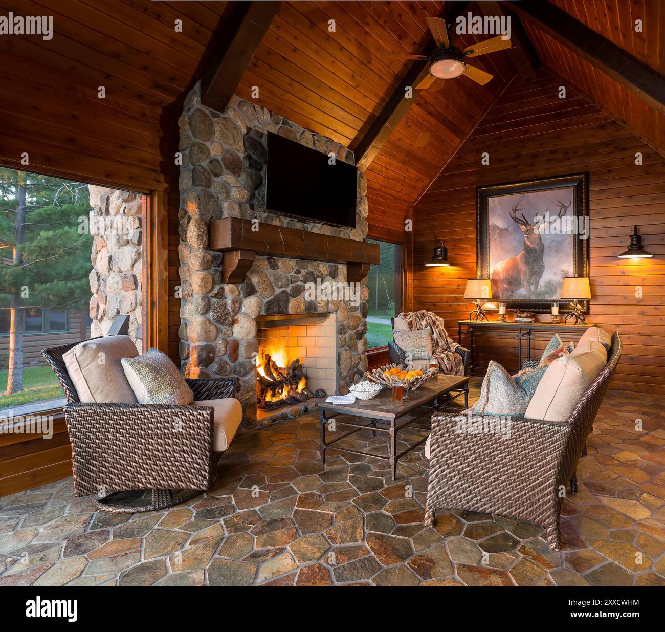Screened porch with stone fireplace hi-res stock photography and images - Alamy