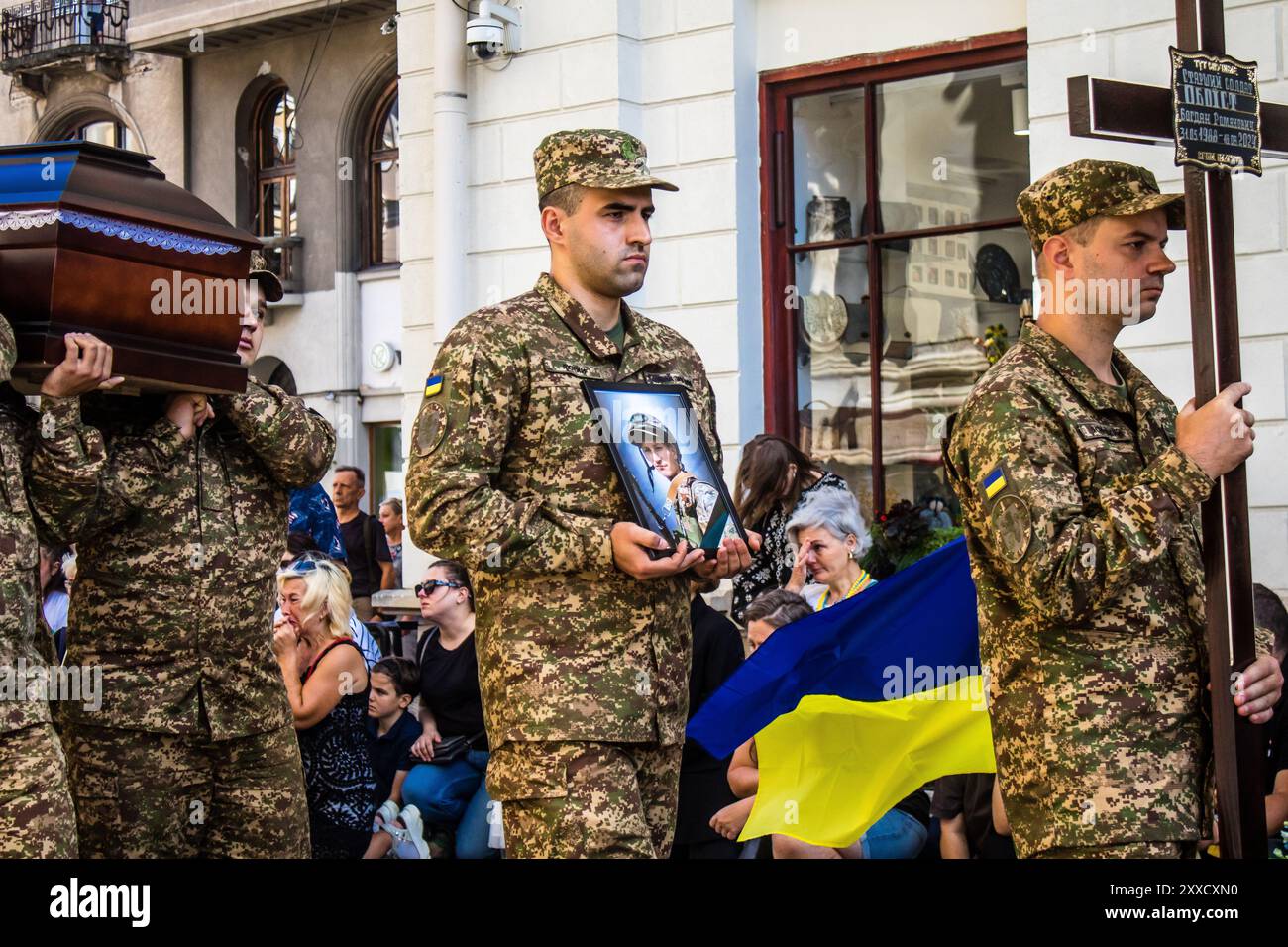 Lviv, Ukraine, August 23, 2024 Military funeral ceremony in front of ...