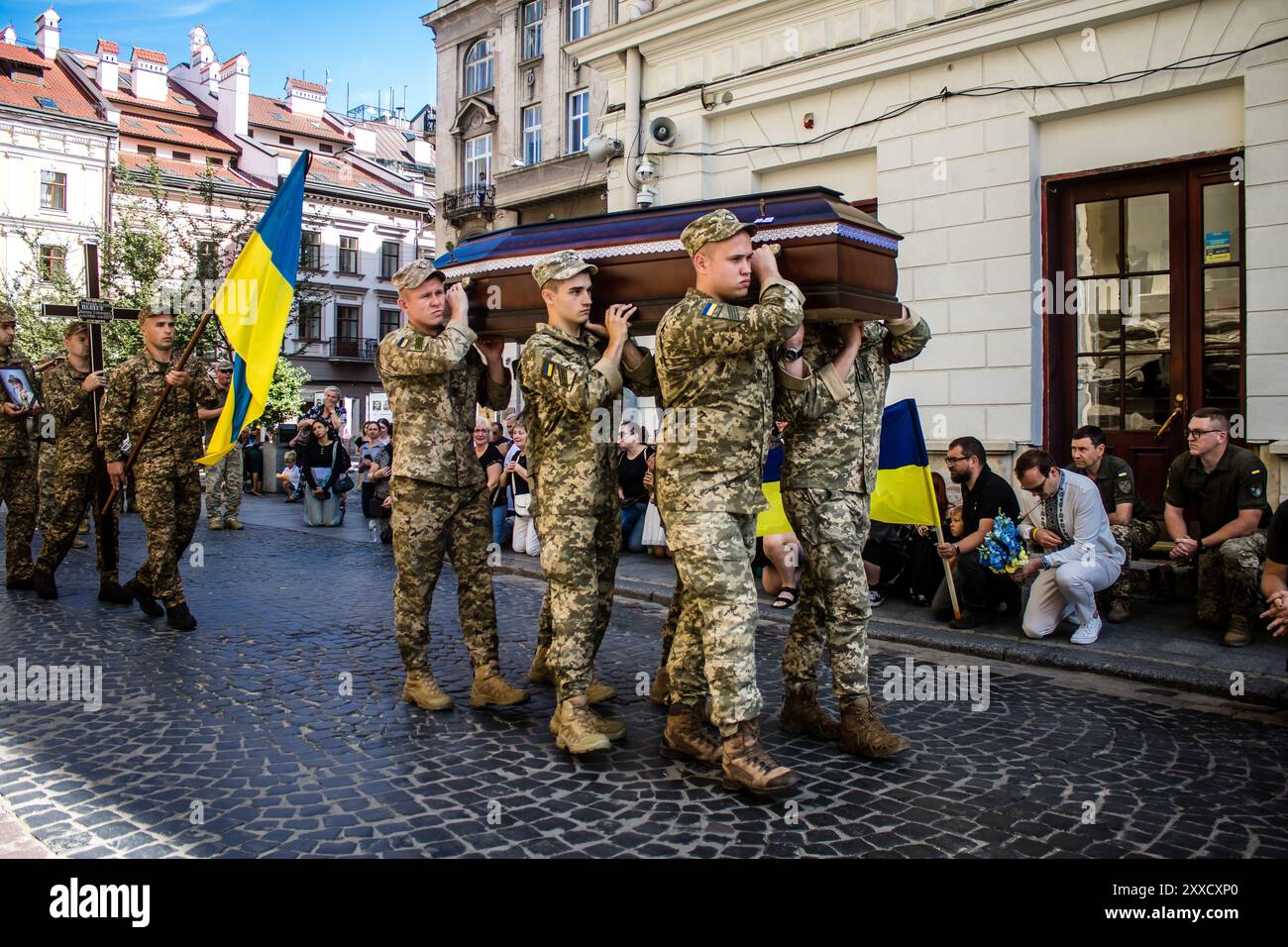 Lviv, Ukraine, August 23, 2024 Military funeral ceremony in front of ...