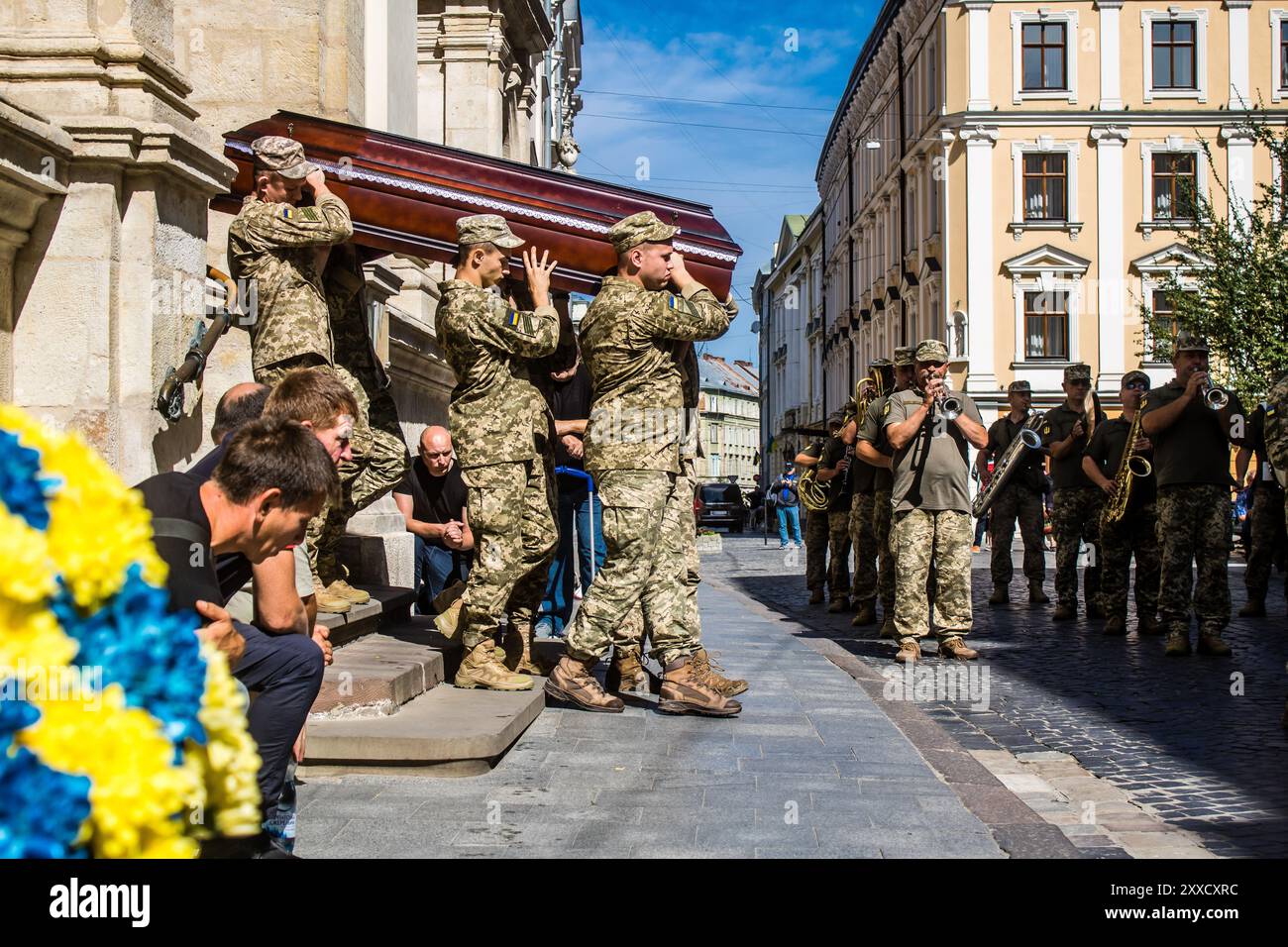 Lviv, Ukraine, August 23, 2024 Military funeral ceremony in front of ...