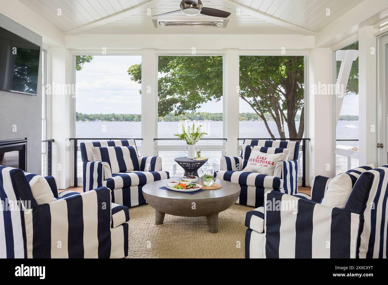 Screened porch of house with view of lake Stock Photo - Alamy