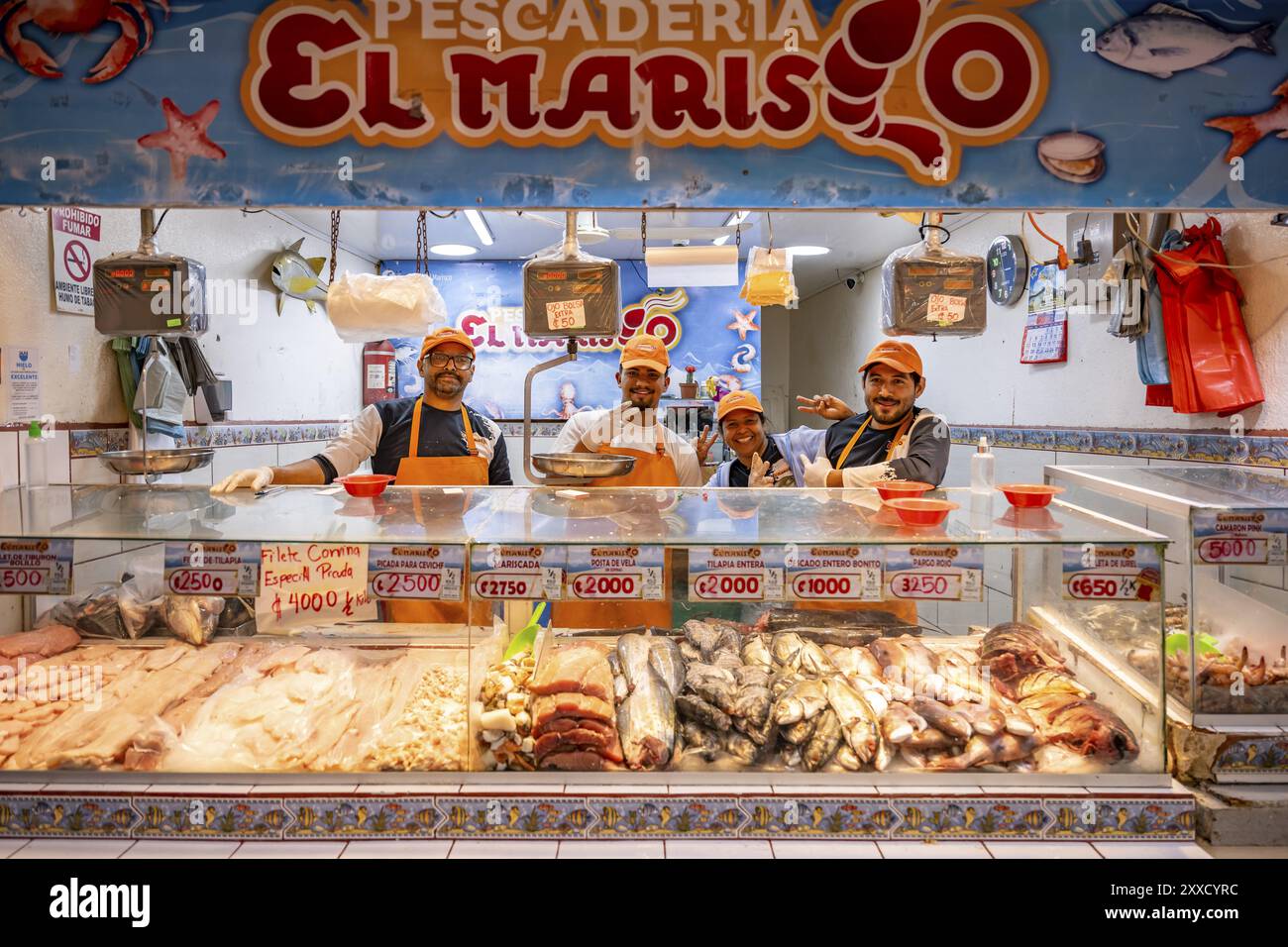 Seafood and fish stall, market stall, Mercado Central de San Jose, San ...
