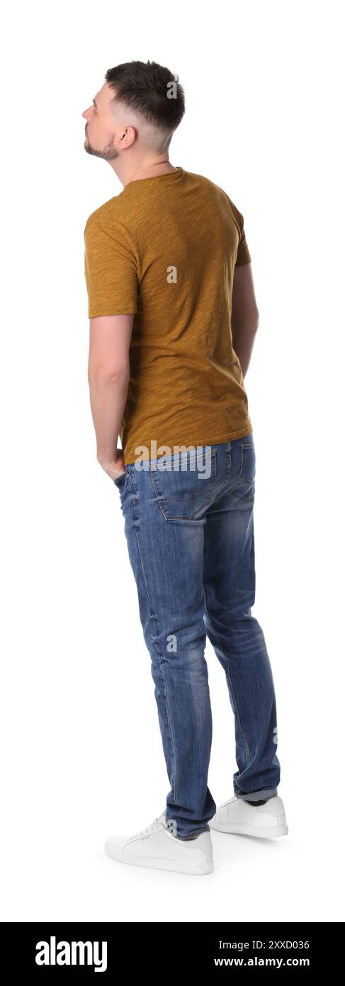 Man standing in queue on white background Stock Photo - Alamy
