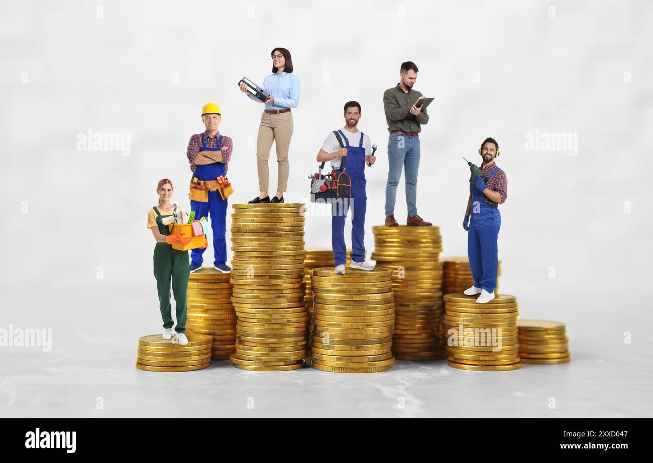 People of various professions on stacks of coins of different height ...
