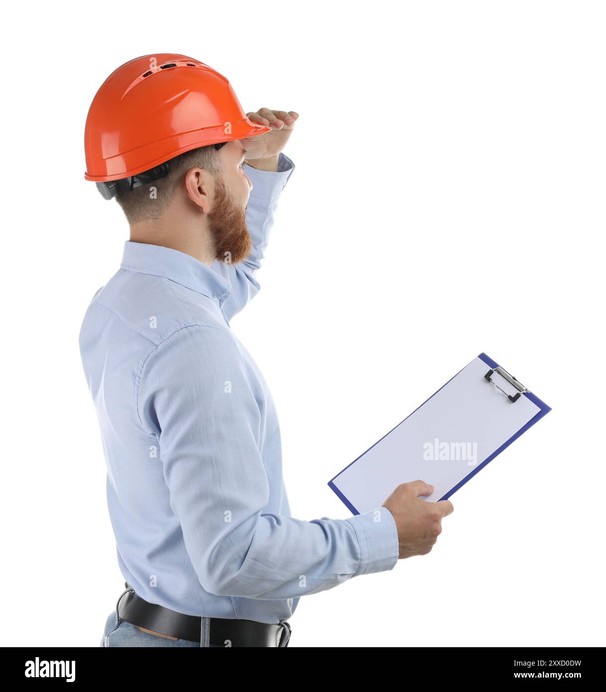Engineer in hard hat with clipboard on white background Stock Photo - Alamy