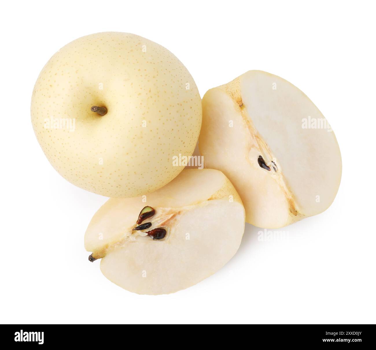 Whole and cut fresh apple pears isolated on white, top view Stock Photo ...