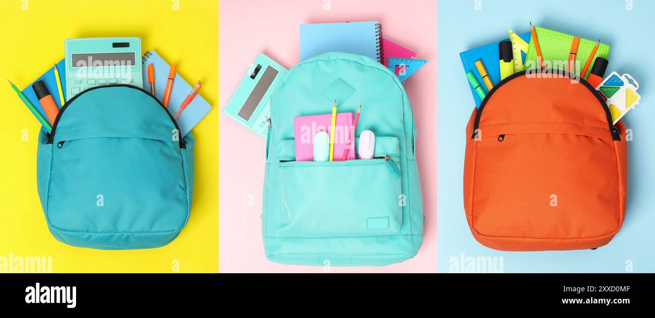 Backpacks and stationery on different colors backgrounds, collection ...