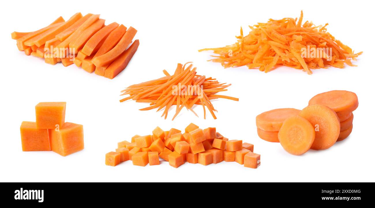Fresh carrots isolated on white, collage. Different types of cuts Stock ...