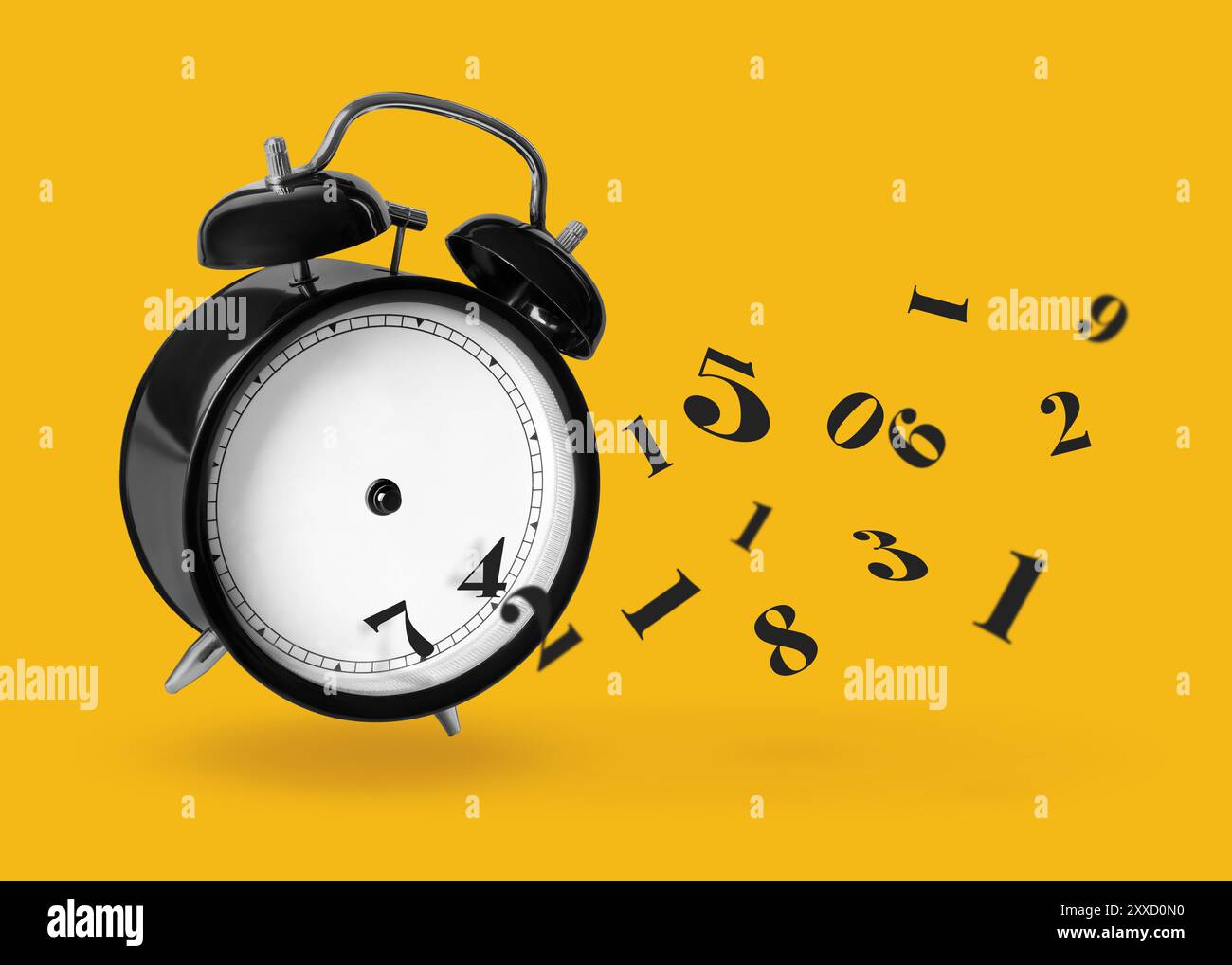Numbers flying away from alarm clock on orange background. Time related ...