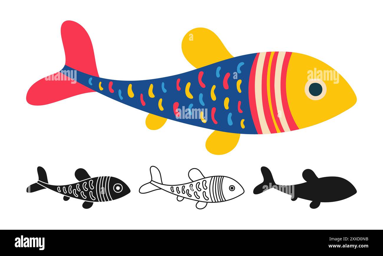 Marine fish linear icon abstract cartoon symbol set. Exotic Childish ...