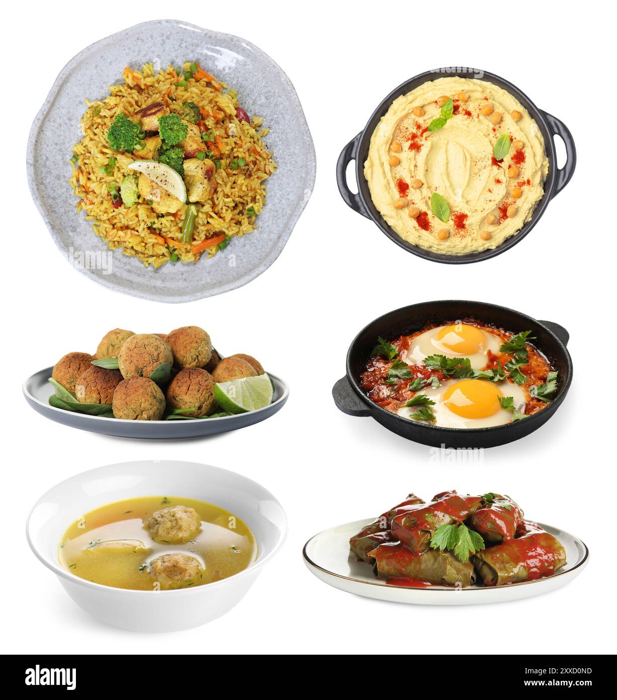 Hummus, falafel balls, sarma, matzo balls, shakshuka and pilaf on white ...
