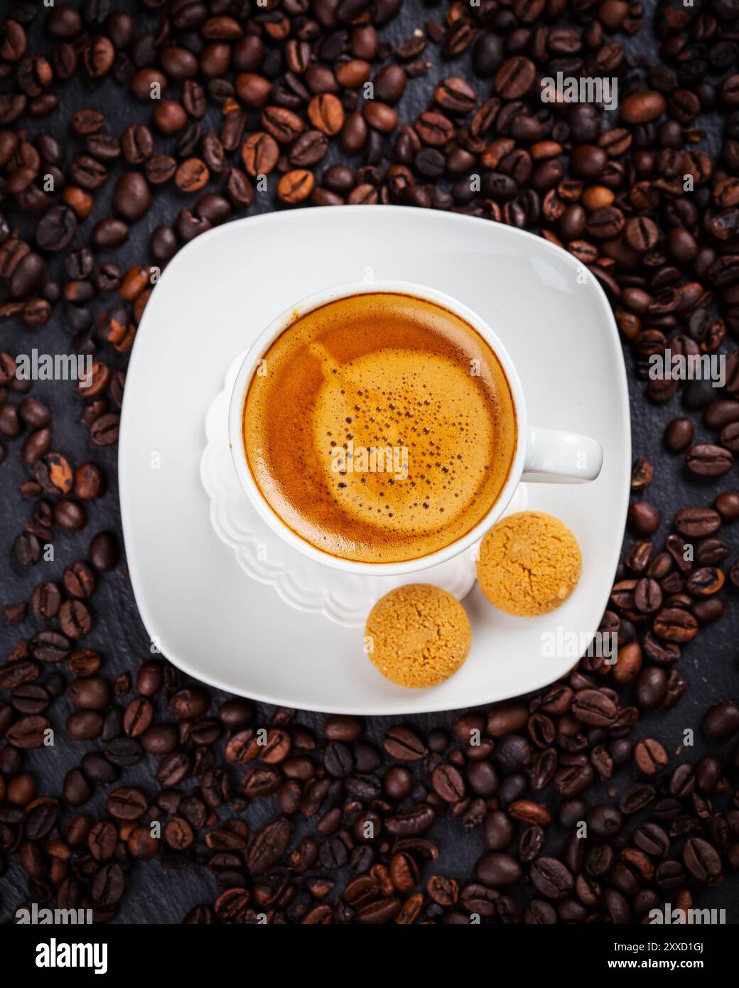 Cup of espresso with coffee beans View from above Stock Photo - Alamy