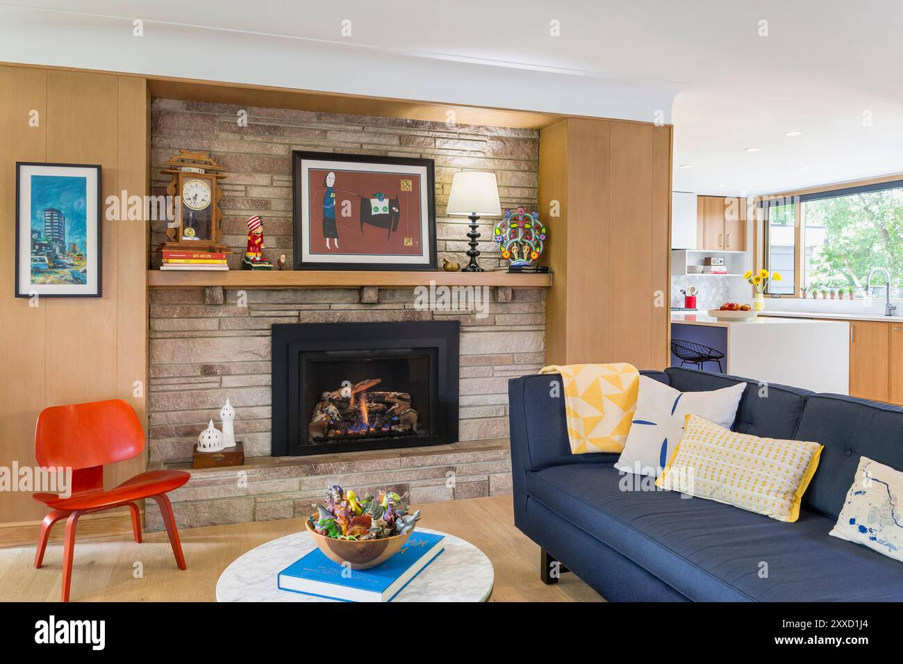 Living room fireplace area with mid-century modern look Stock Photo - Alamy