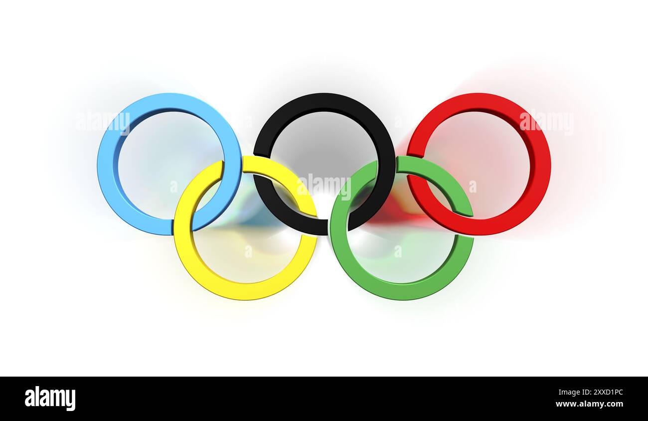 Olympic rings symbol over Blue sky background conceptual 3D ...