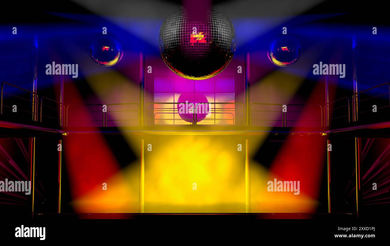 Night club interior with colorful spot lights and shining mirror disco ...