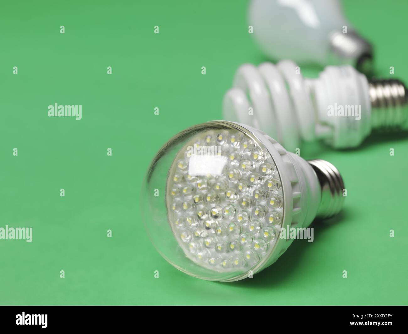LED light bulb with fluorescent and incandescent bulbs in the background, showing three ...