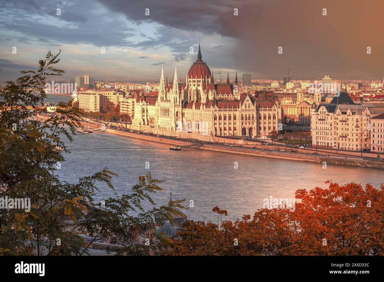 Budapest, Hungary sunset panorama with Hungarian Parliament Building ...