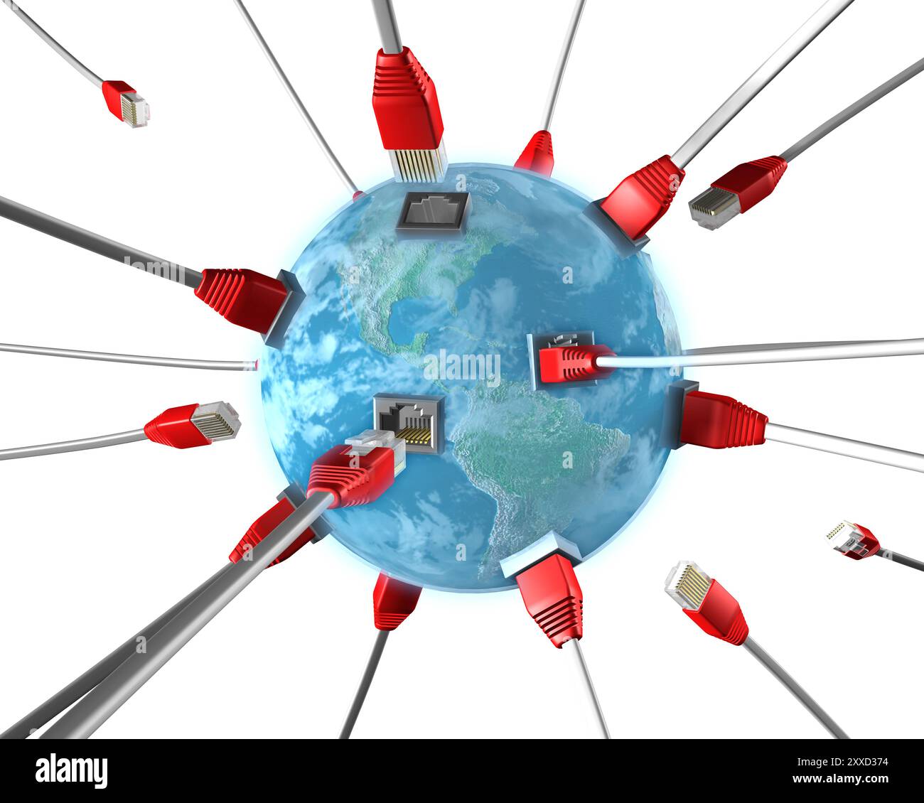 Conceptual 3D illustration of network cable connectors plugging into a ...
