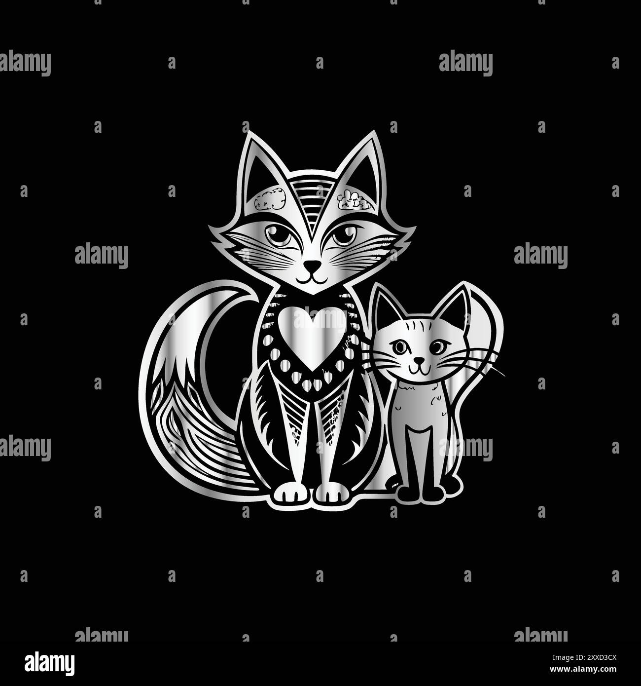Cute fox and cat with heart on black background. Vector illustration ...