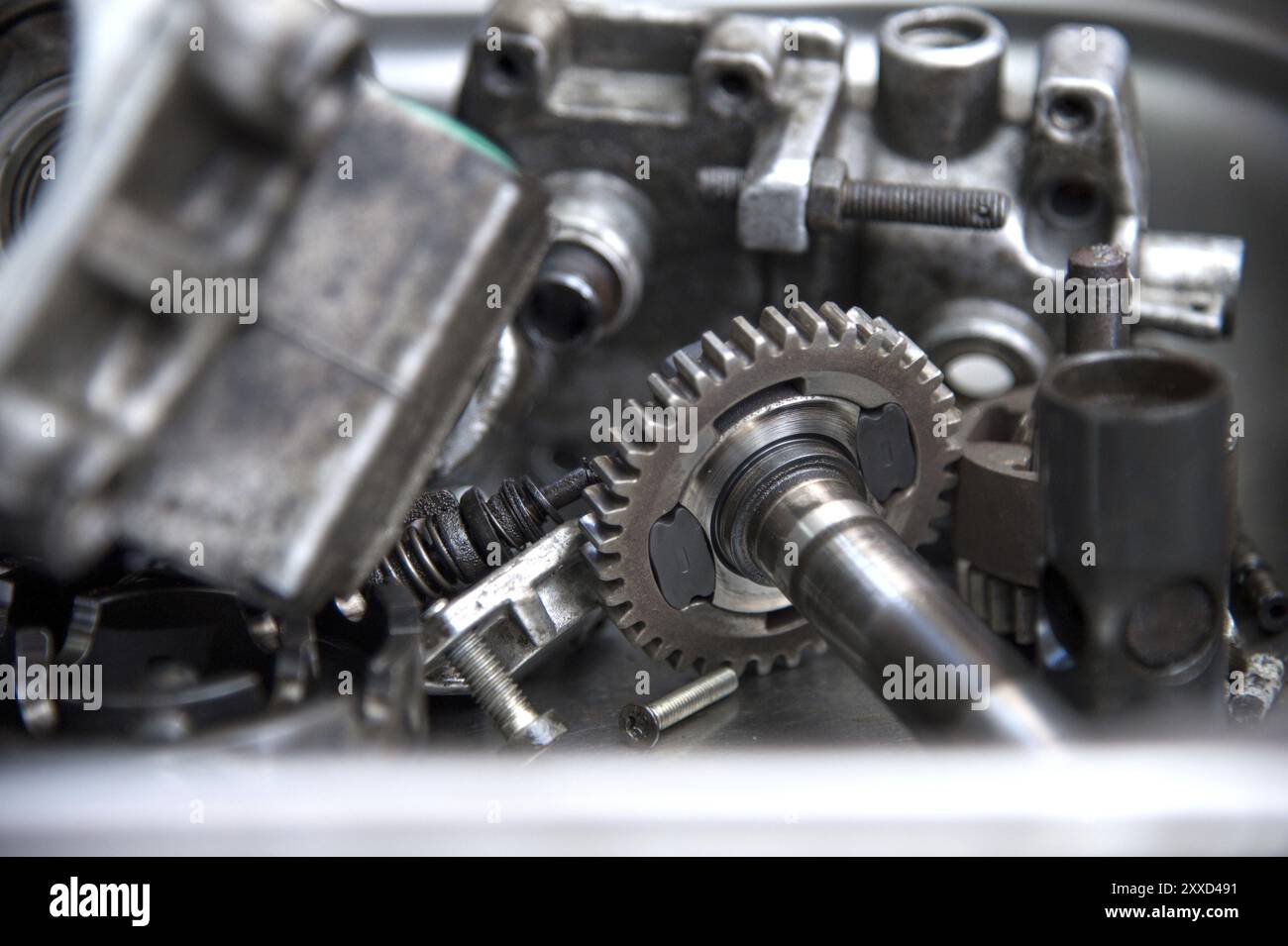 Close up The disassembled mechanical high-pressure diesel pump lies in ...