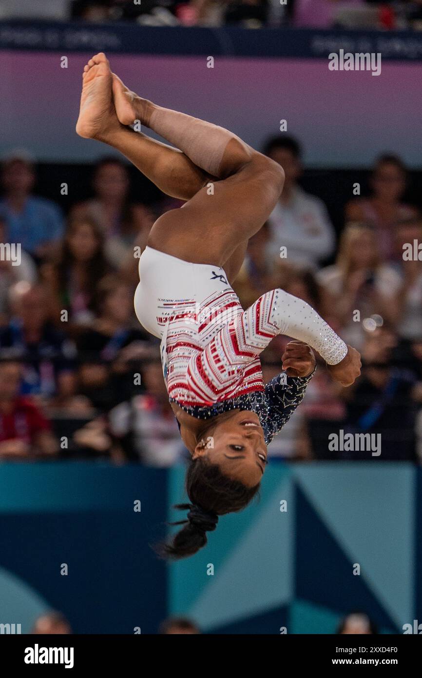 Simone Biles USA) competes on the floor exercise during the Women's ...