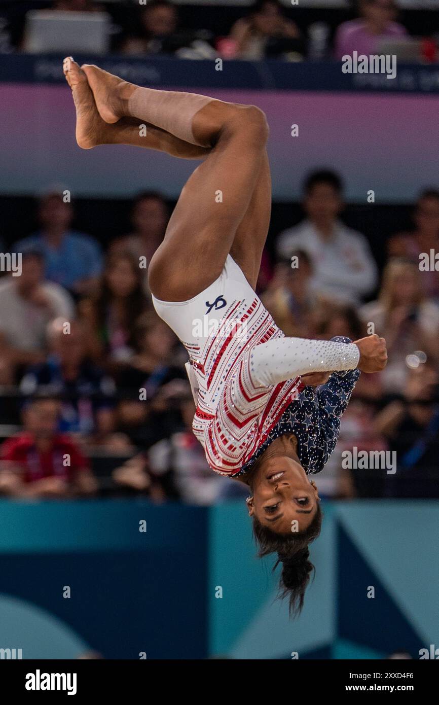 Simone Biles USA) competes on the floor exercise during the Women's ...