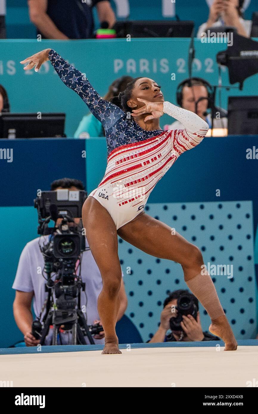 Simone Biles USA) competes on the floor exercise during the Women's ...