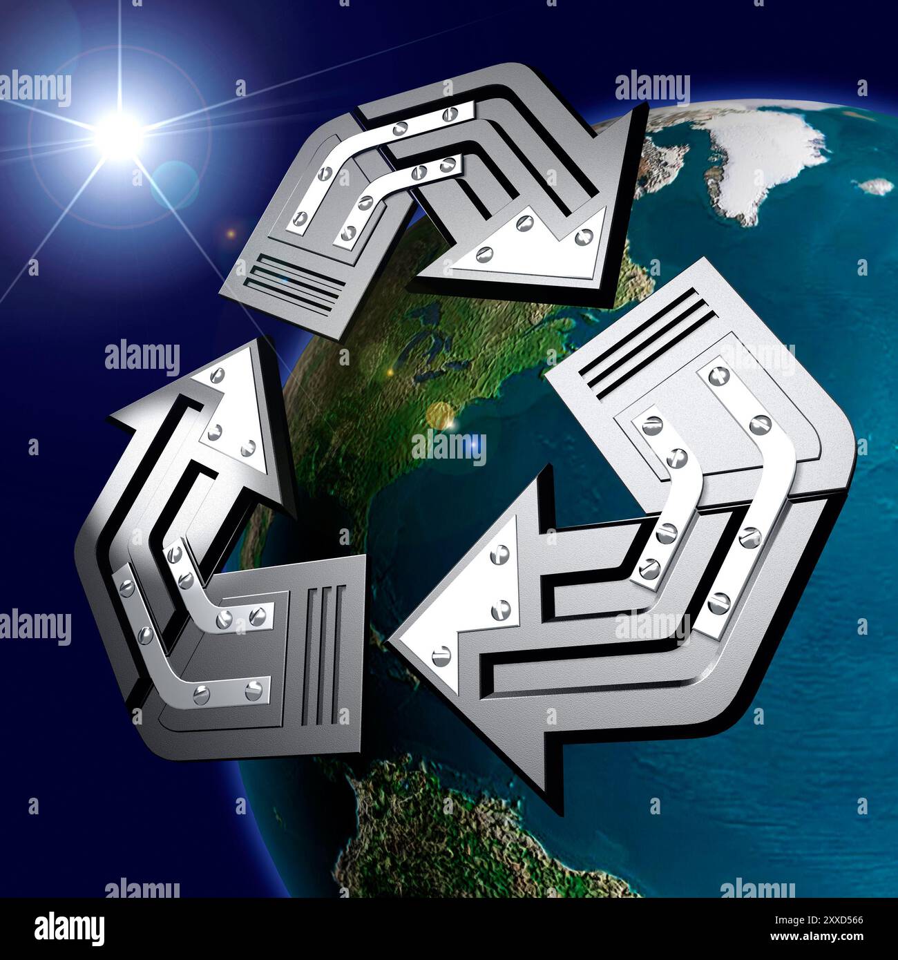 Artistic recycling symbol over Earth globe Conceptual 3D illustration ...