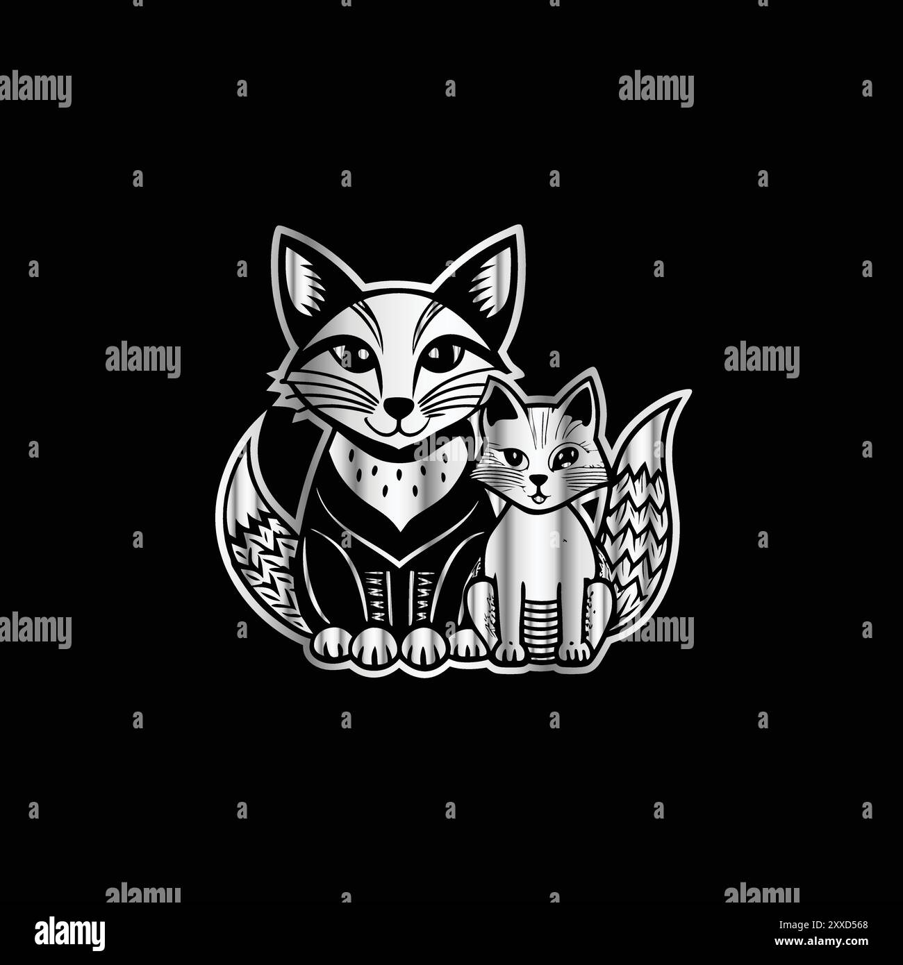 Cute fox and cat with heart on black background. Vector illustration ...