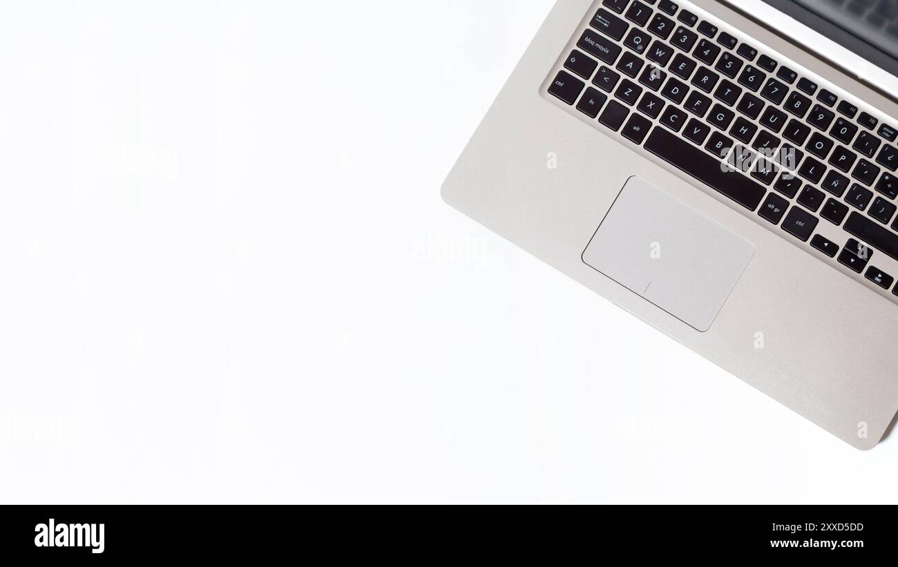 Top view of a grey laptop isolated over white background with copy ...