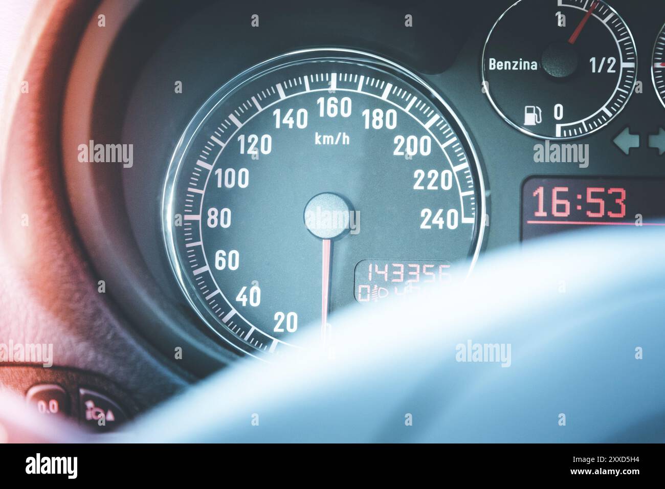 Closeup of the dashboard of a sports car, tachometer and fuel indicator ...
