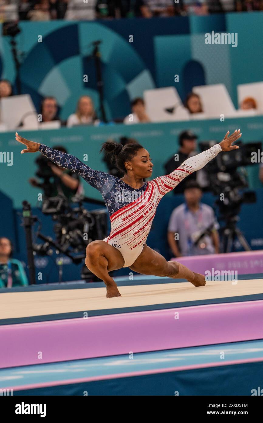 Simone Biles USA) competes on the floor exercise during the Women's ...