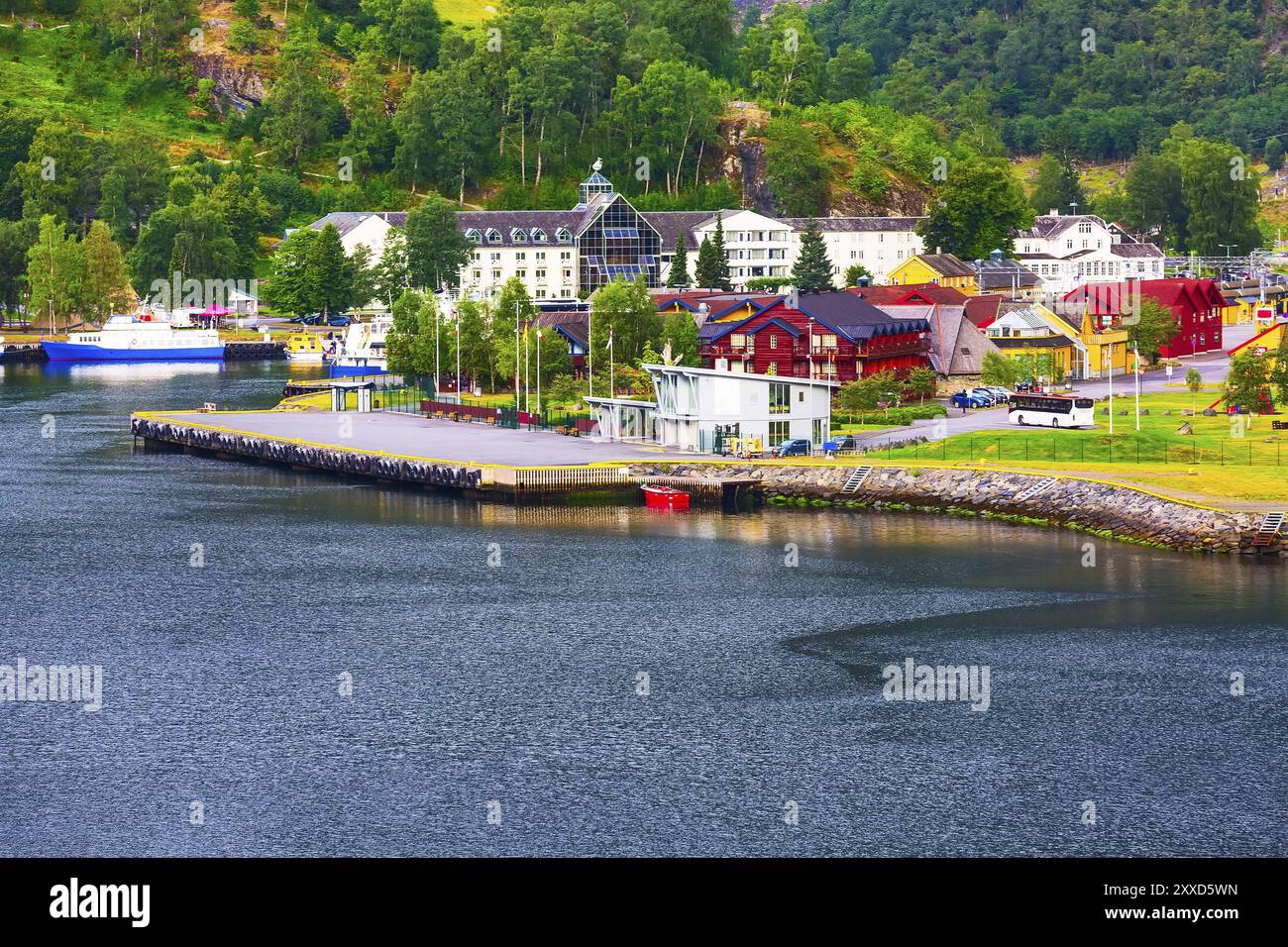 Norwegian fjord village and Sognefjord landscape in Flam, Norway ...