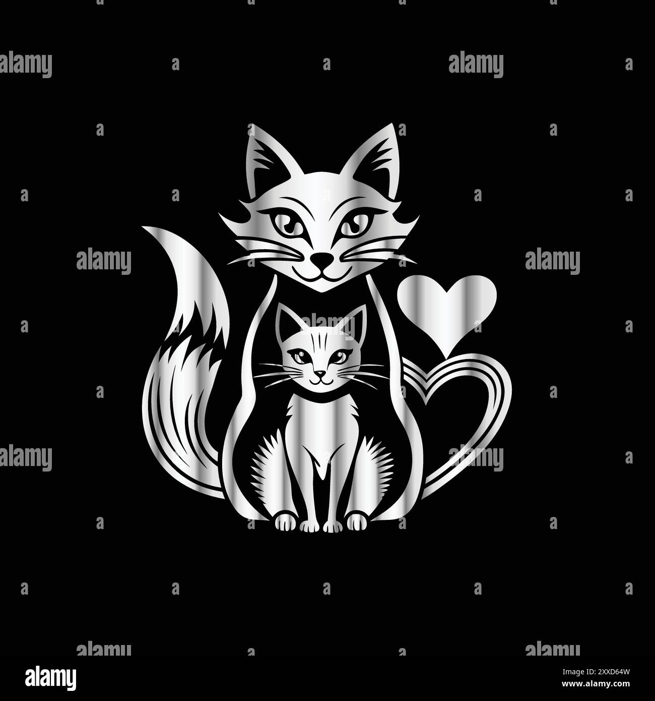 Cute fox and cat with heart on black background. Vector illustration ...