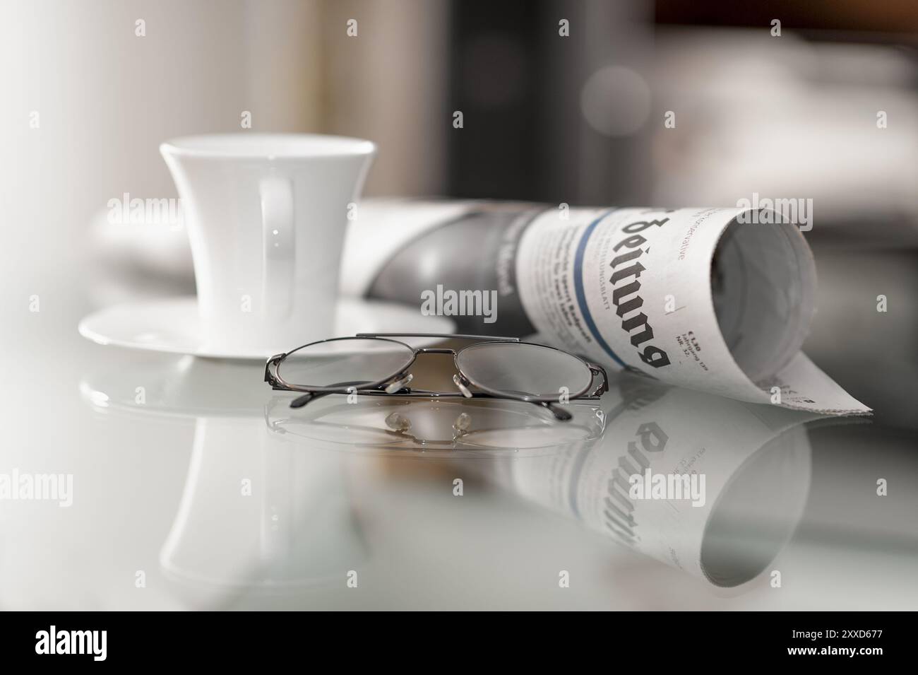Still life with daily newspaper, glasses and coffee cup Stock Photo - Alamy