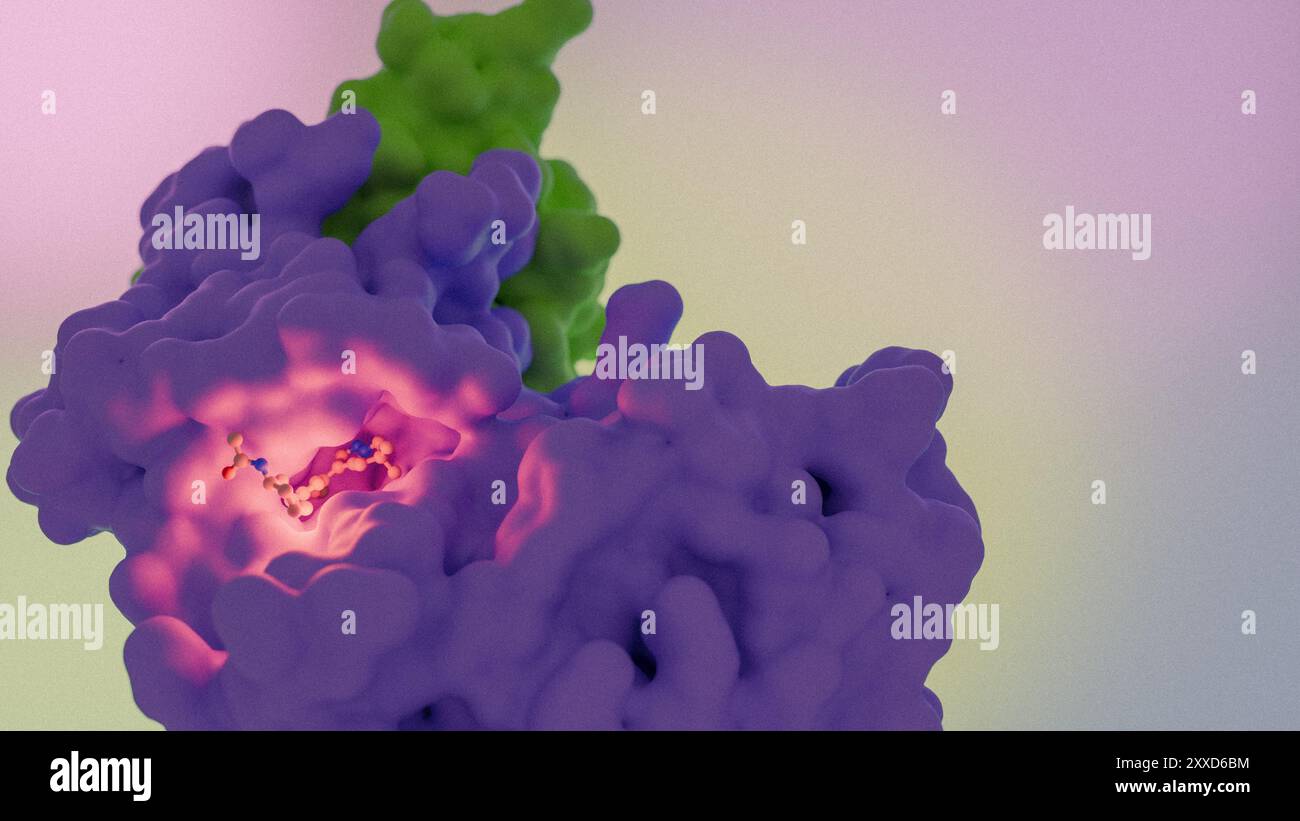 Illustration of the drug AZD4573 bound to its target protein. This ...