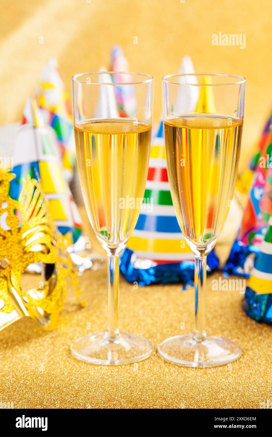 Masquerade Mask with champagne and party hat. Happy New Year Stock ...