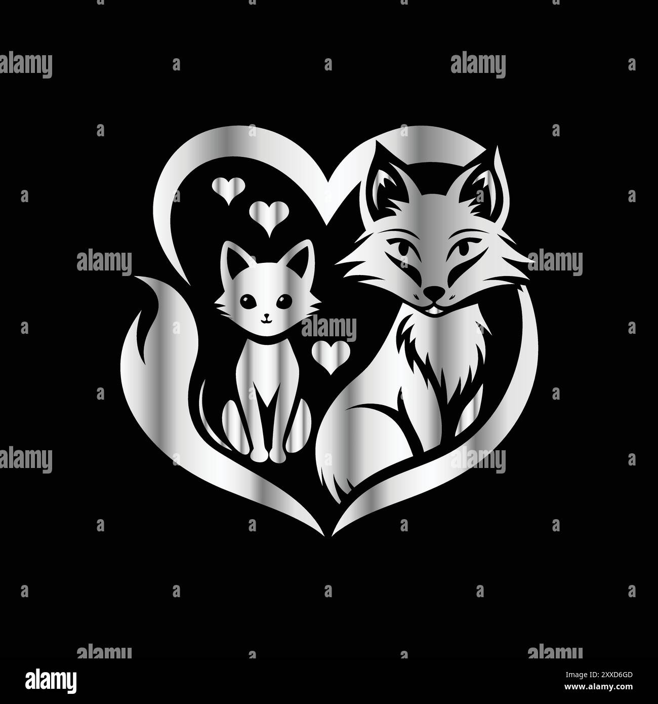 Cute fox and cat with heart on black background. Vector illustration ...