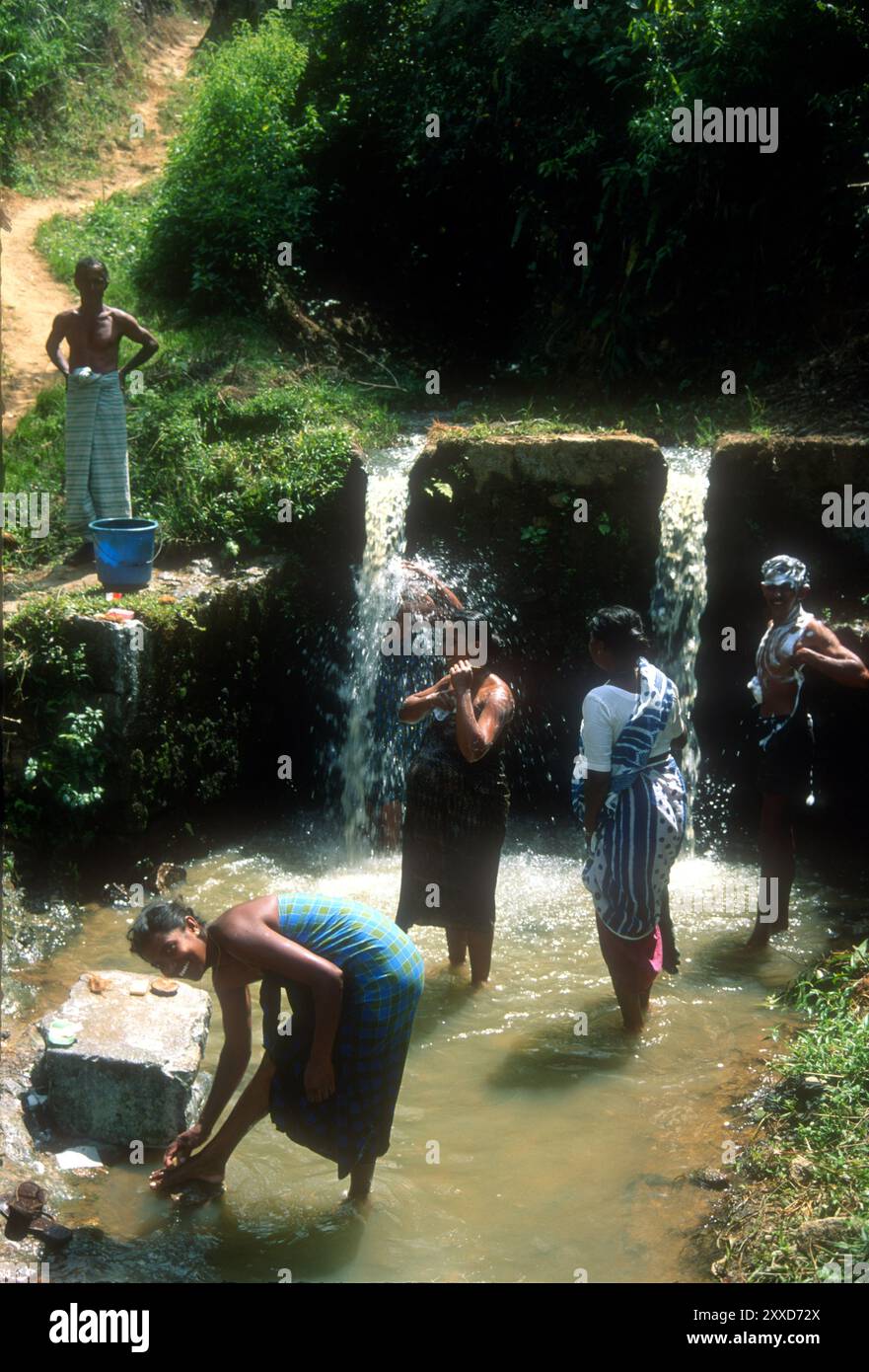 Group of rural women washing under a waterfall near Ella, Sri Lanka ...
