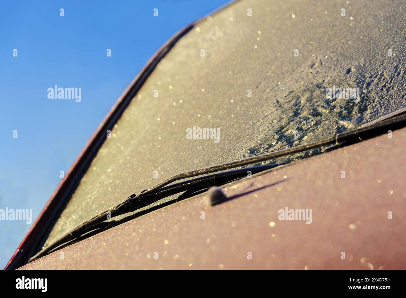 Red car with iced windscreen Stock Photo - Alamy