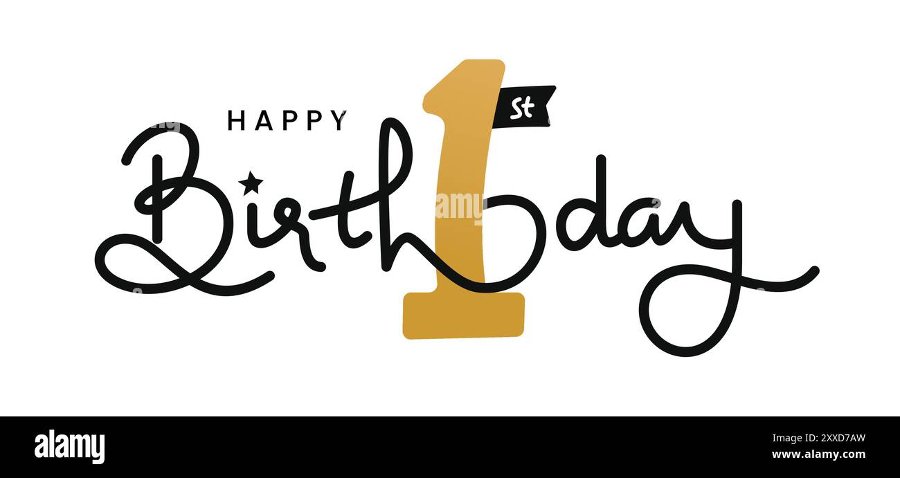 Happy First Birthday handwritten isolated on white background with ...